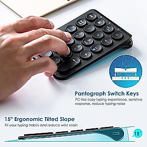 SANWA Bluetooth Numeric Keypad, Rechargeable Wireless Ten Key Number Pad, 22-Key Portable & Slim Financial Accounting Numpad for Laptop Computer, Compatible with MacBook, Windows, Android, iOS, Black