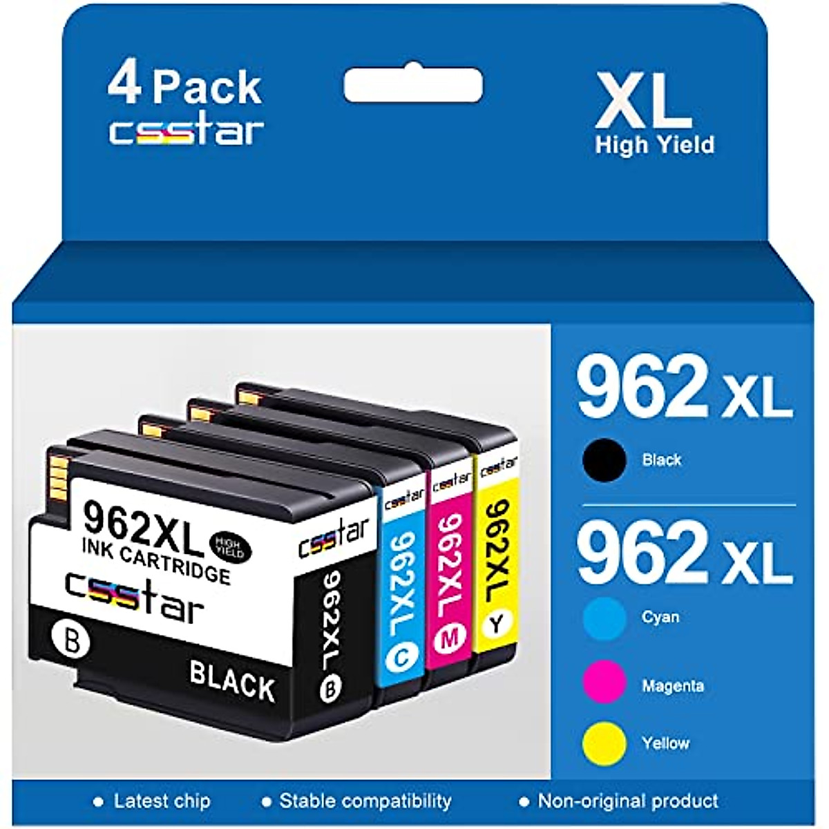 CSSTAR 962XL Ink Cartridge Remanufactured Replacement for HP 962 XL Ink Cartridge with HP OfficeJet Pro 9010 9015 9015e 9018 9025 9025e 9020 9012 9026 9028 9029 9027 1 Black 1 Cyan 1 Magenta 1 Yellow