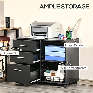 HOMCOM 3 Drawer Printer Stand, Mobile Office Cabinet with 2 Storage Shelves for Home Office, Black