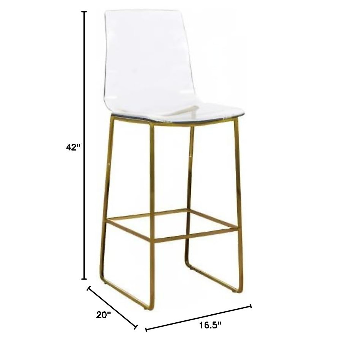 Meridian Furniture Lumen Collection Modern Contemporary Acrylic Counter Stool with Stainless Steel Base, 16.5" W x 20" D x 42" H, Gold