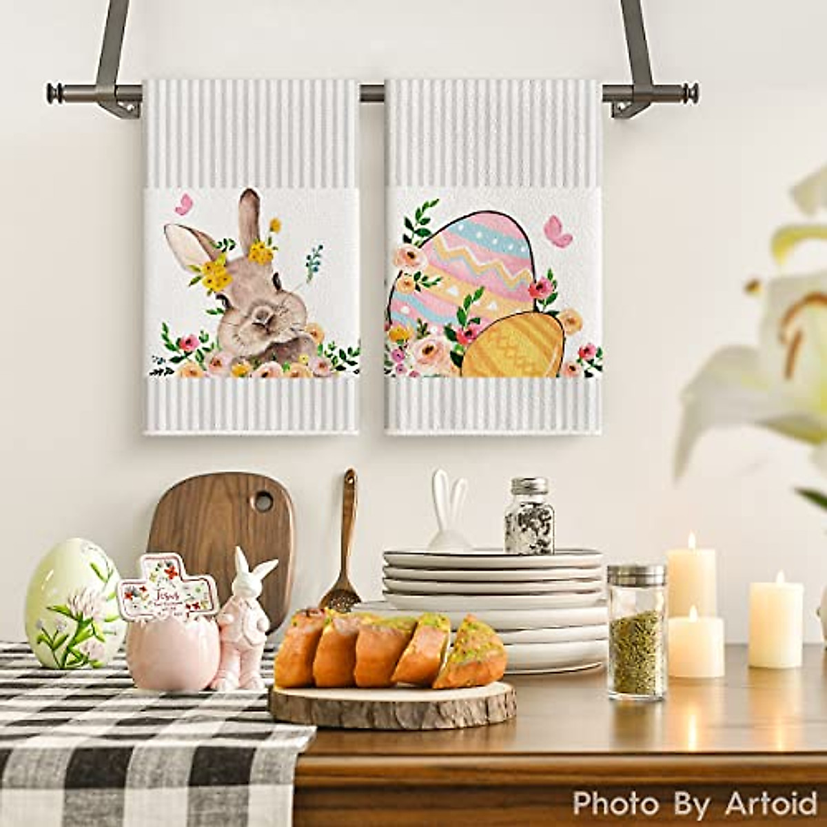 Artoid Mode Stripes Beige Bunny Rabbit Eggs Easter Kitchen Towels Dish Towels, 18x26 Inch Seasonal Spring Flowers Leaves Holiday Decoration Hand Towels Set of 2