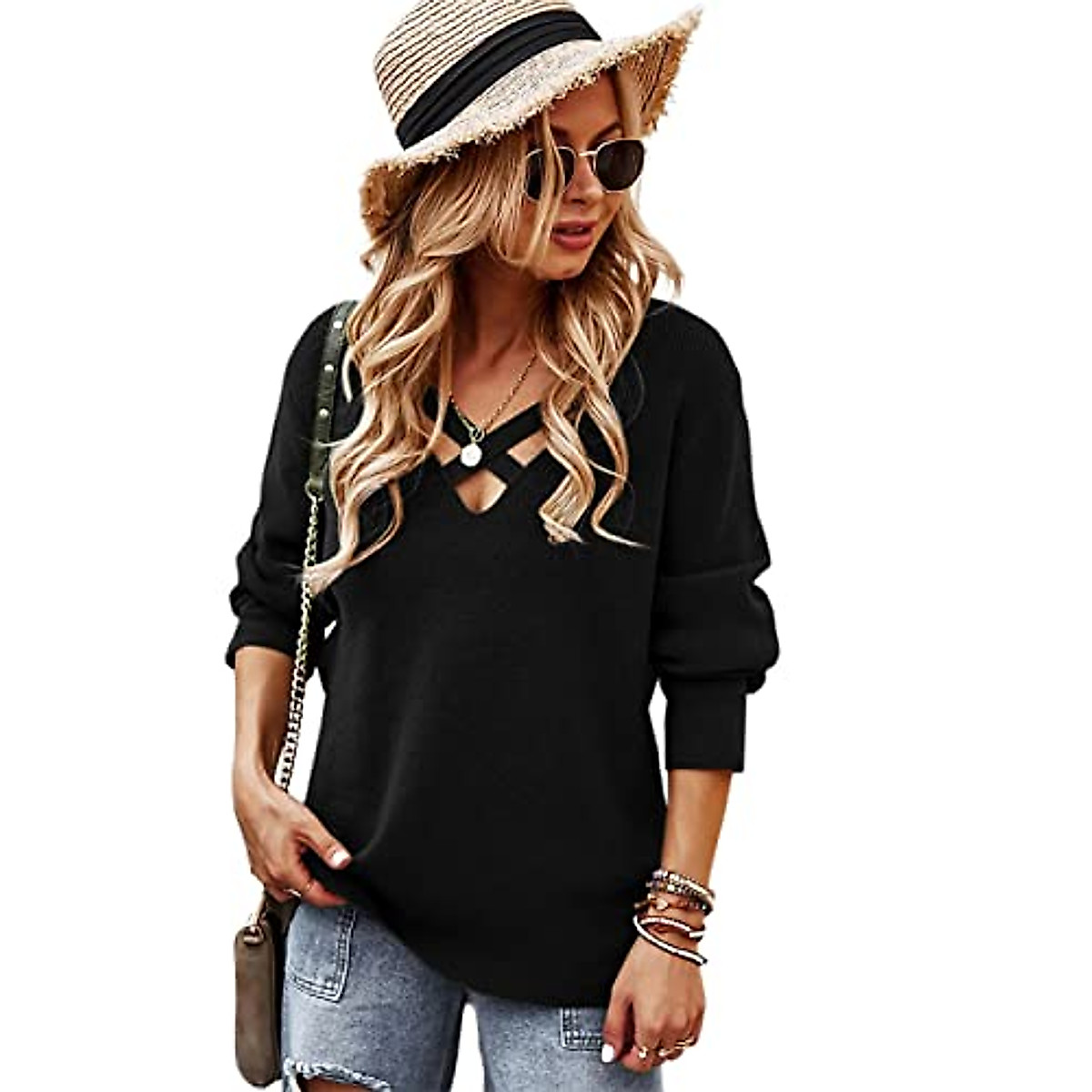 Lrady Womens V Neck Sweater Long Sleeve Casual Loose Fit Tunic Tops Knit Blouse Lightweight Cute Pullover, Black, Small