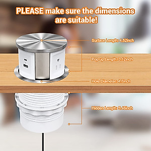 Pop Up Outlet for Countertop, Retractable Recessed Power Strip with 3 Outlets 1 USB A 1 USB C Port, Automatic Pop Up Outlet for Office Kitchen Island, White
