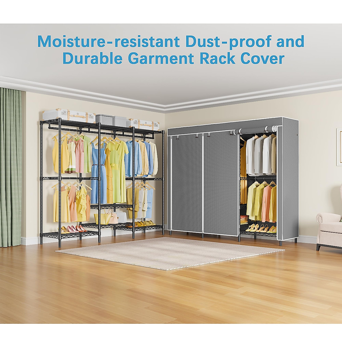 VIPEK V5C SE Covered Garment Rack Heavy Duty Clothes Rack with Cover Roll-up, Metal Closet Organizer, Portable Closet Rack Armoire Clothing Storage Wardrobe Closet, Black Clothing Rack with Grey Cover