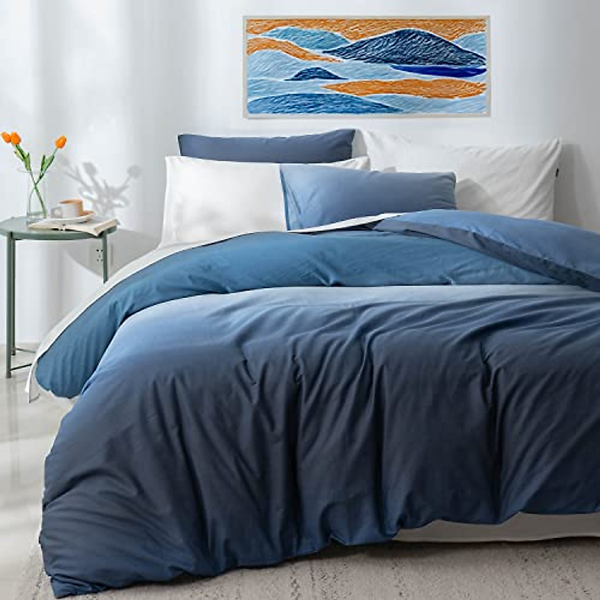 ALEISSEL Ocean Blue Duvet Cover King Size - 100% Cotton Comforter Cover Sets Printed Duvet Cover Sets, Navy to Aqua Blue to White Gradient King Comforter Cover Sets, Bedding Set 3Pcs (King,Ocean Blue)