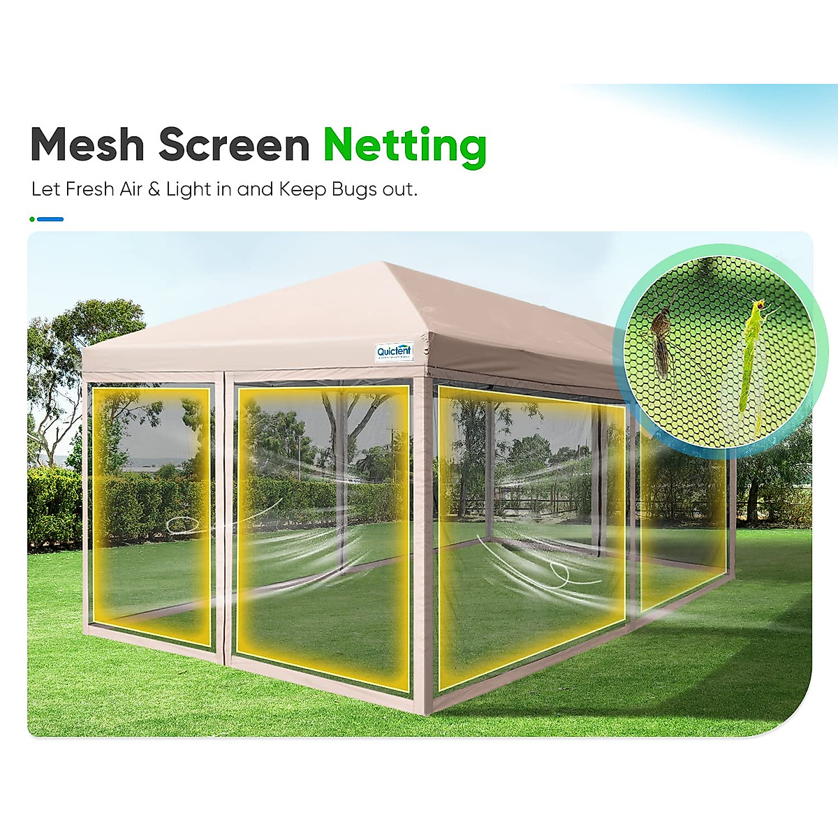 Quictent 10'x20' Pop up Canopy Tent with Netting, Instant Screen House Room Outdoor Party Event Gazebo Screened - Waterproof & 6 Sand Bags Included (Tan)