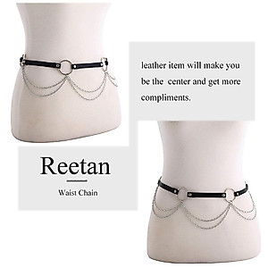 Reetan Punk Leather Body Chains Black Waist Chain Layered Nightclub Ring Belt Belly Chains Rave Party Body Jewelry Accessories for Women and Girls (A)