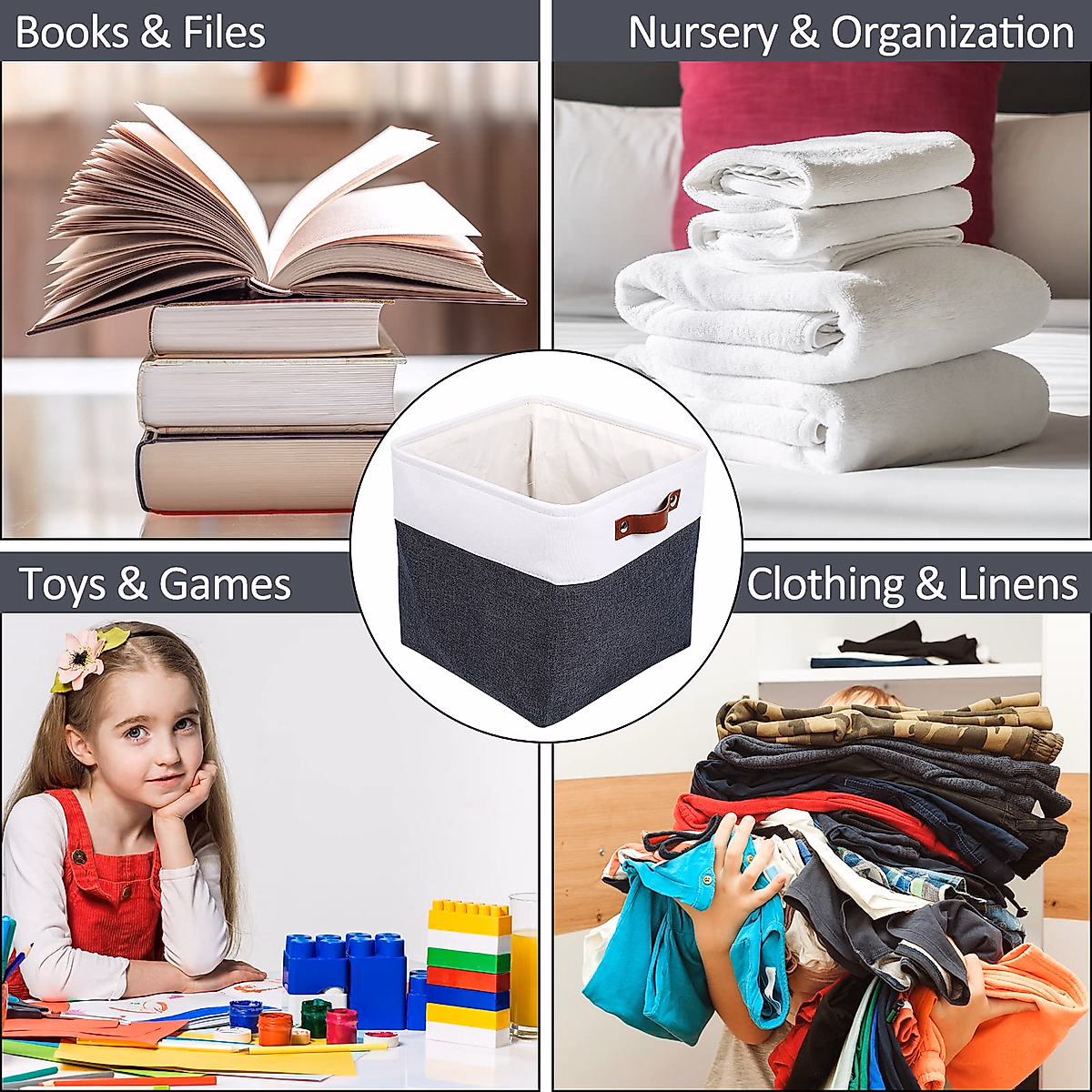 WANMEI Foldable Cube Storage Bins 13x13x13 IN 3 Pack Collapsible Sturdy Cationic Fabric Storage Basket with Leather Handles for Organizing Shelf Nursery Home Closet Office(Grey and White)