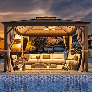 YOLENY 12' X 12' Hardtop Gazebo Galvanized Steel Outdoor Patio Gazebo Canopy Double Roof Pergolas Aluminum Frame with Netting and Curtains for Garden, Patio, Lawns, Parties