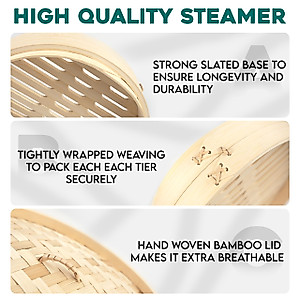 Dumpling Bamboo Steamer for Cooking with a Lid 10 Inch 2 | Tier Wooden Basket with 2 Pair of Chopsticks | Bun Steamer Basket | 1 Dumpling Maker, Sauce Dishes, and 20 Liners | Food Steamer basket
