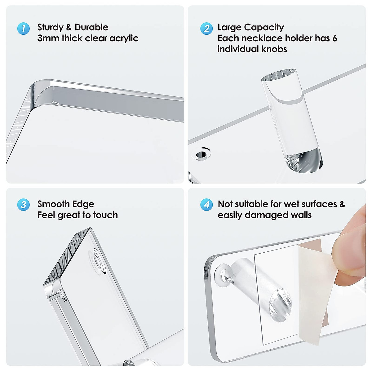 MaxGear Acrylic Necklace Holder 2 Pack, Wall Mounted Jewelry Organizer for Necklaces, Bracelets, Rings, and Bangles Display Rack, Hanging Jewelry Hooks for Women & Girls