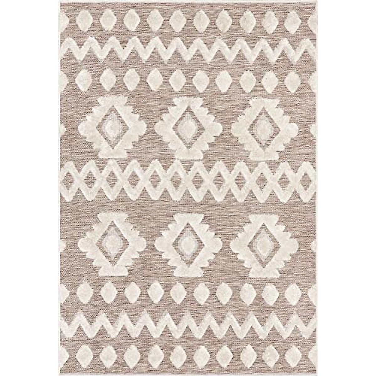 Well Woven Cenar Beige Flat-Weave Hi-Low Pile Diamond Medallion Stripes Moroccan Tribal Area Rug (7'10" x 9'10")