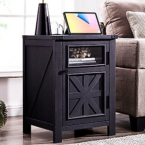 JXQTLINGMU Farmhouse End Table with Charging Station, 18'' Rustic Nightstand with Barn Door & Adjustable Shelf, Wooden Sofa Side Table with 3-Tier Storage for Living Room, Bedroom, Black