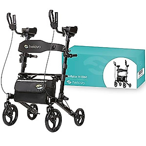 Helavo Upright Walker with Seat, 10" Front Wheels, 26.4 Wide - Foldable Stand Up Walker for Seniors with Padded Armrests - Tall Standing Rollator