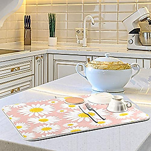 Flower Daisy Print Dish Drying Mat 16"x18" Absorbent Machine Washable Hanging Fast Dry Pad Dish Protective Mat for Kitchen Countertop Heat Resistant Dinner Table Mat