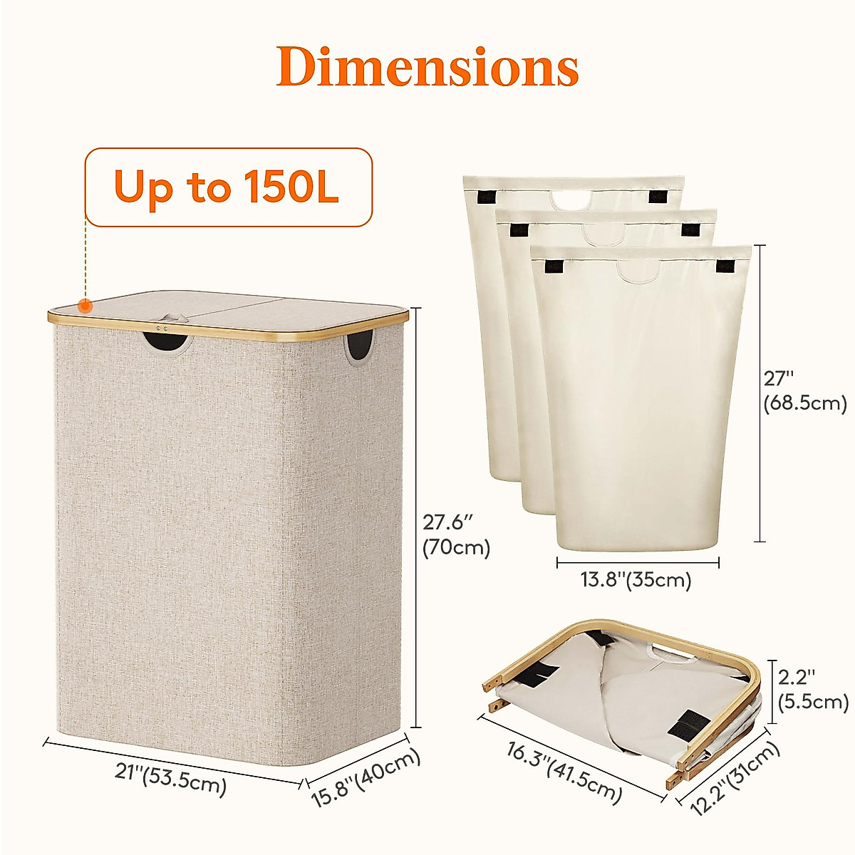 Lifewit 150L Laundry Basket with Lid 3 Section, Large Laundry Hamper with Bamboo Handles and Removable Laundry Bags, Clothes Hampers for Laundry for Bedroom, Bathroom, Dorm, Laundry Room, Beige