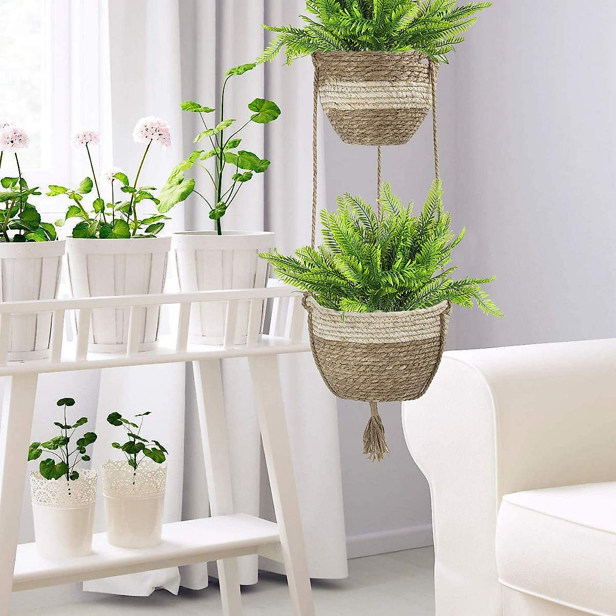 Rinlong 6Pcs Artificial Boston Fern Greenery Fake Plants Outdoor UV Resistant Plants Faux Fern for Outdoors Hanging Planter Decor