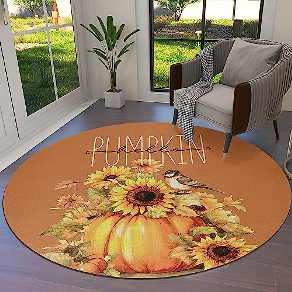 Pumpkin Sunflower Round Area Rug 3.3ft,Washable Outdoor Indoor Carpet Runner Rug for Bedroom,Kitchen,Living Room,Office,Area+Rug Small Bath Door Desk Floor Mat Fall Thanksgiving Harvest Autumn Orange