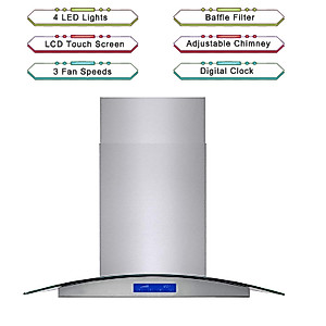 Tieasy Island Range Hood 36 inch 700 CFM Ceiling Mount Kitchen Stove Hood Ducted with Tempered Glass 4 LED Lights Touch Control 3 Speed Fan Permanent Filters