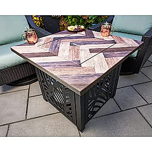 Endless Summer Darby 30 Inch Square Outdoor UV Printed 50,000 BTU LP Gas Fire Pit​ Table with Faux Wood Mantel and Stamped Steel Base