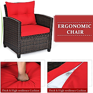 LDAILY Patio Furniture Set, 3 Pieces PE Rattan Wicker Patio Sofa Chairs with Washable Cushion & Glass Table, Outdoor Furniture Conversation Sets for Porch, Balcony, Garden, Poolside (Red)