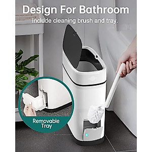 WOA WOA 3.7 Gallons Bathroom Trash Can with Toilet Brush Holder | 14 Liter White Plastic Garbage Can with Black Locking Press Top Lid | Dogproof Slim Rectangular Trash Bin for Toilet