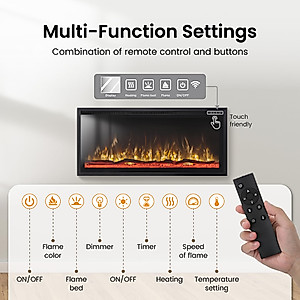 PHI VILLA 30 Inch Electric Fireplace Inserts, Wall Mounted & Recessed Electric Fireplace Heater Low Noise with Remote Control, Timer, Touch Screen, Adjustable Flame Color, 1500W (Black)