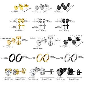 OIDEA 15 Pairs Earrings for Men: Stainless Steel Earrings Stud Kit for Men Women Fashion Piercing Jewelry Cross Dangle Hoop Earrings Set Gifts