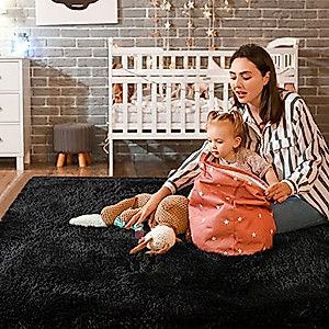 Prabia Super Soft Fluffy Shaggy Rugs 4x5.9 Feet for Living Room Bedroom, Fuzzy Plush Area Rugs for Girls Kids Room Nursery Home Decor, Furry Dorm Rug Cute Non-Slip Indoor Floor Carpet, Black