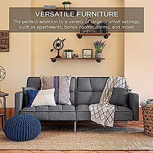 Best Choice Products Convertible Linen Fabric Tufted Split-Back Plush Futon Sofa Furniture for Living Room, Apartment, Bonus Room, Overnight Guests w/ 2 Pillows, Wood Frame, Metal Legs - Dark Gray