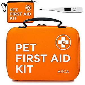 ARCA PET Cat & Dog First Aid Kit Home Office Travel Car Emergency Kit Pet Travel Kit – 100 Pieces with Emergency Collar and Pet Thermometer & Mini Pouch (Neon Orange)