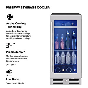 Zephyr Presrv 15" Slim Wine Fridge & Beverage Refrigerator Single Zone Under Counter - Narrow Mini Wine Cooler Small Beer Cabinet Drink Chiller Freestanding with Glass Door, 4 bottles, 64 cans
