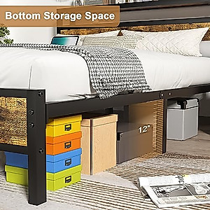 Pliwier Full Bed Frame with Charging Station Headboard, Platform Bed with 2-Tier Storage Shelf, Strong Support Legs, Noise-Free, No Box Spring Needed, Easy Assembly