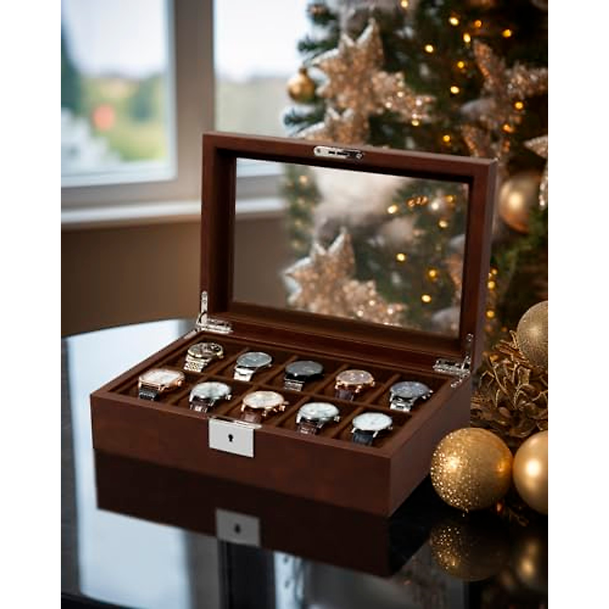 GUKA Watch Box, Luxury 10 Slot Watch Case with 55MM Wide Velvet Pillows, Watch Organizer Storage with Real Glass Lid, Watch Display Case for Men and Women Gift, Brown