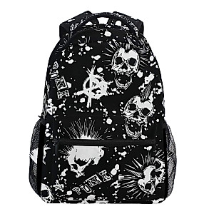 Oarencol White Punk Skull Mohawk Hair Black Vintage Backpacks Bookbags Daypack Travel School College Bag for Womens Girls Mens Boys Teens