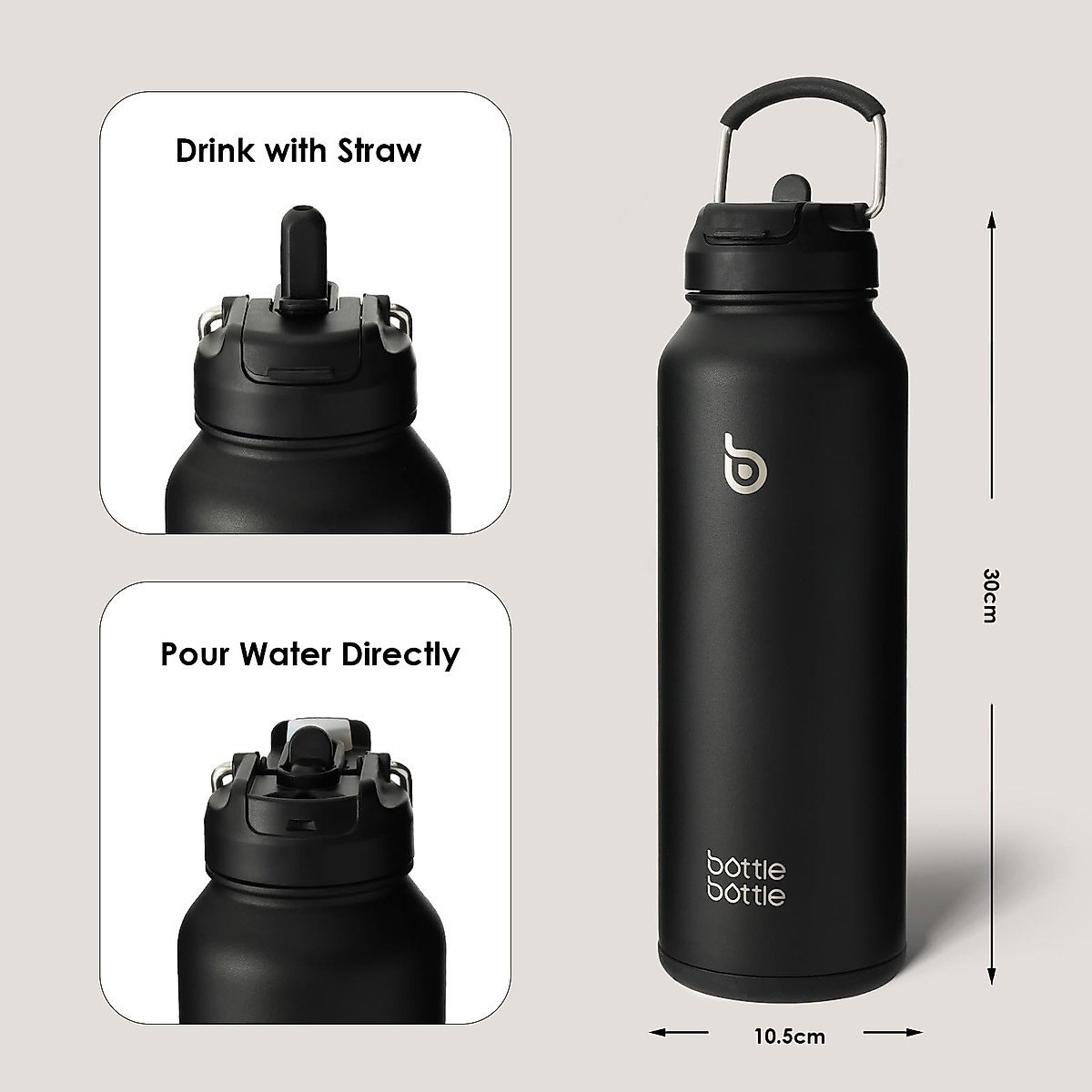 BOTTLE BOTTLE 40oz Insulated Water Bottle with Straw Sport Stainless Steel Water Bottle with Handle Lid Outdoor Sports Bottle for Pills (black)