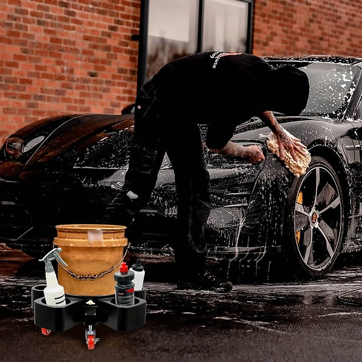 CNQLIS 5 Gallon Bucket Dolly with 5 Smooth-Rolling Swivel Casters,Two of Them Have Locking Brakes for Car Washing Detailing Smoother Maneuvering,Bearing 250lb, Black