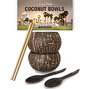 LANNA Natural Polished Coconut Bowls Set of 2 with Hand Carved Wood Spoons & Bamboo Straws - Perfect Eco-Friendly Gifts for Vegan, Buddha Bowls, Acai Smoothie Drinking Cups(Medium)