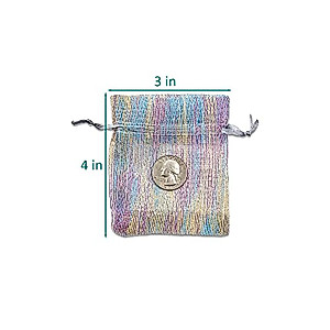 TheDisplayGuys - 96-Pack Striped Weave Organza Gift Bags with Drawstrings - Small 3" x 4" - Iridescent - for Party Favors, Samples,Treats