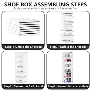 AKELOR 6 Tier Foldable Shoe Storage Boxes, Installation-free Clear Foldable Shoe Box, One-Piece Stackable Shoe Rack, Plastic Storage Shelves Collapsible Shoe Rack Organizer for Closet Bedroom