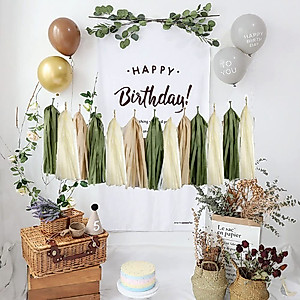 15 Pcs DIY Olive Green Tan Brown Nude Cream Tissue Paper Tassel Garland Party Banner for Eucalyptus Greenery Baby Shower Woodland Jungle Tropical Nature Theme Birthday Wedding Party Decoration