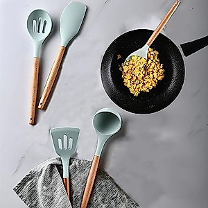 SHUNIKING Kitchen Silicone Utensil Set,12 Pcs Non-Stick Cooking Utensils With Wood Handles,Kitchen Spatula Cookware Set for High Heat Resistant Gadgets (Green) (Kitchenware-1)