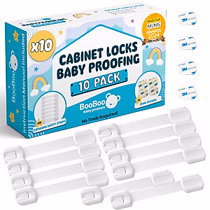 Booboo® (10 Pack) Premium Cabinet Locks Baby Proofing, Child Proof Cabinet Locks, Cupboard Locks for Children with 3M Adhesive + 4 Extra Stickers