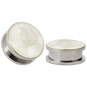 KUBOOZ White Sea Shell Opal Stainless Steel Screw Ear Piercings Body Jewelry Plugs Tunnels Gauges 2g (6mm) to 1 inch