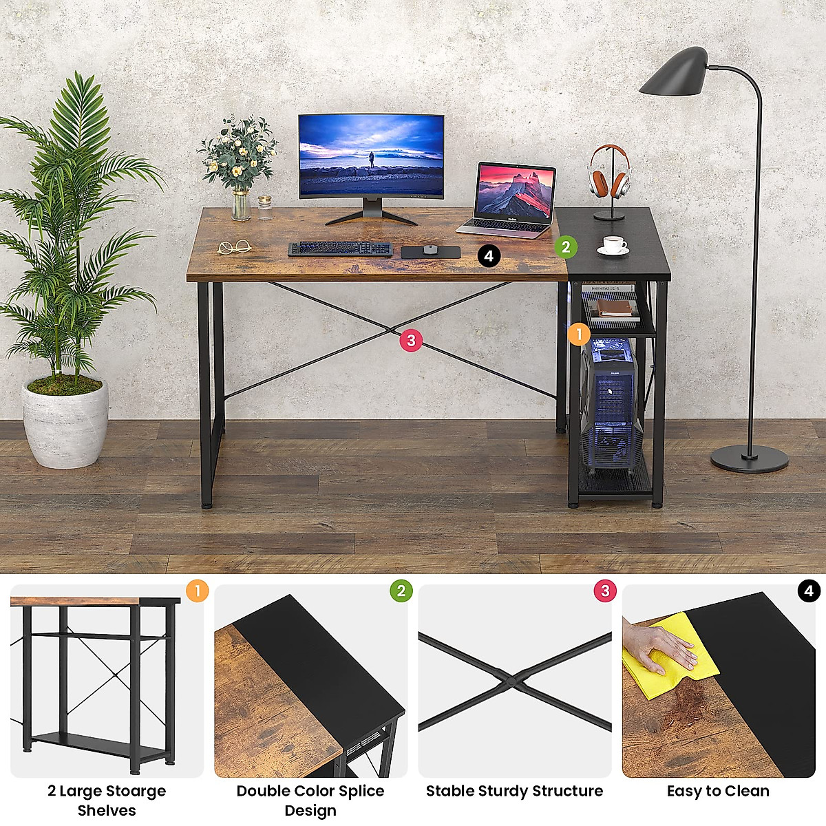 Ecoprsio Computer Desk, 39 Inch Small Desk for Small Space, Modern Study Writing Desk with Storage Shelves, Reversible Laptop Table for Home Office, Gaming Room, Bedroom, Workstation, Rustic and Black