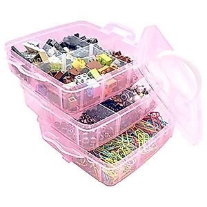 2 Pack - Small Pink Stackable Craft Organizer Box, 3-Layer Small Storage Container Case, with Adjustable Compartments for Beads, Crafts, Jewelry, Fishing Tackle (5.75 x 5.75 x 5 inches)