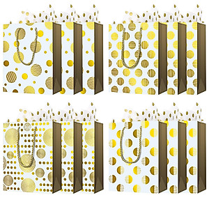 Fingertip WD 12 Pcs Medium Size Gift Bags with Tissue Paper, 9.1" x 6.9" x 3.9" Gold Gift Bags with Handles, Paper Gift Bags for Shopping, Wedding, Baby Shower, Holiday
