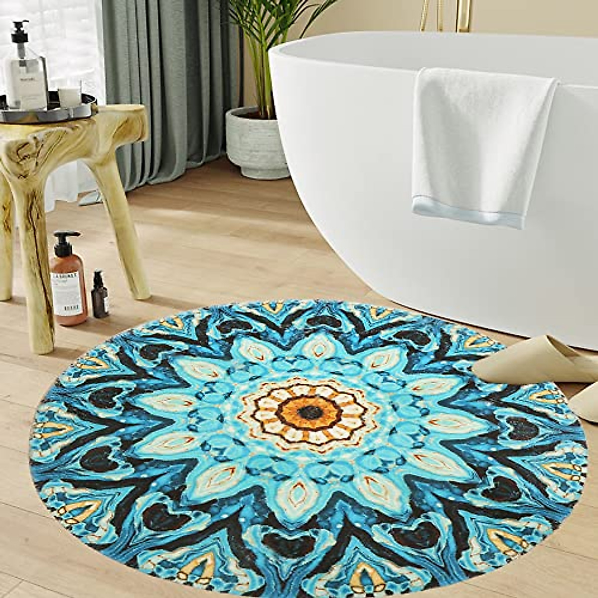 GEVES Trippy Mandala Round Area Rug Turquoise Floral Rugs for Bedroom Kids' Room Living Room Bathroom 3ft Carpet Accent Throw Rugs Indoor Use Non-Slip Easy to Clean