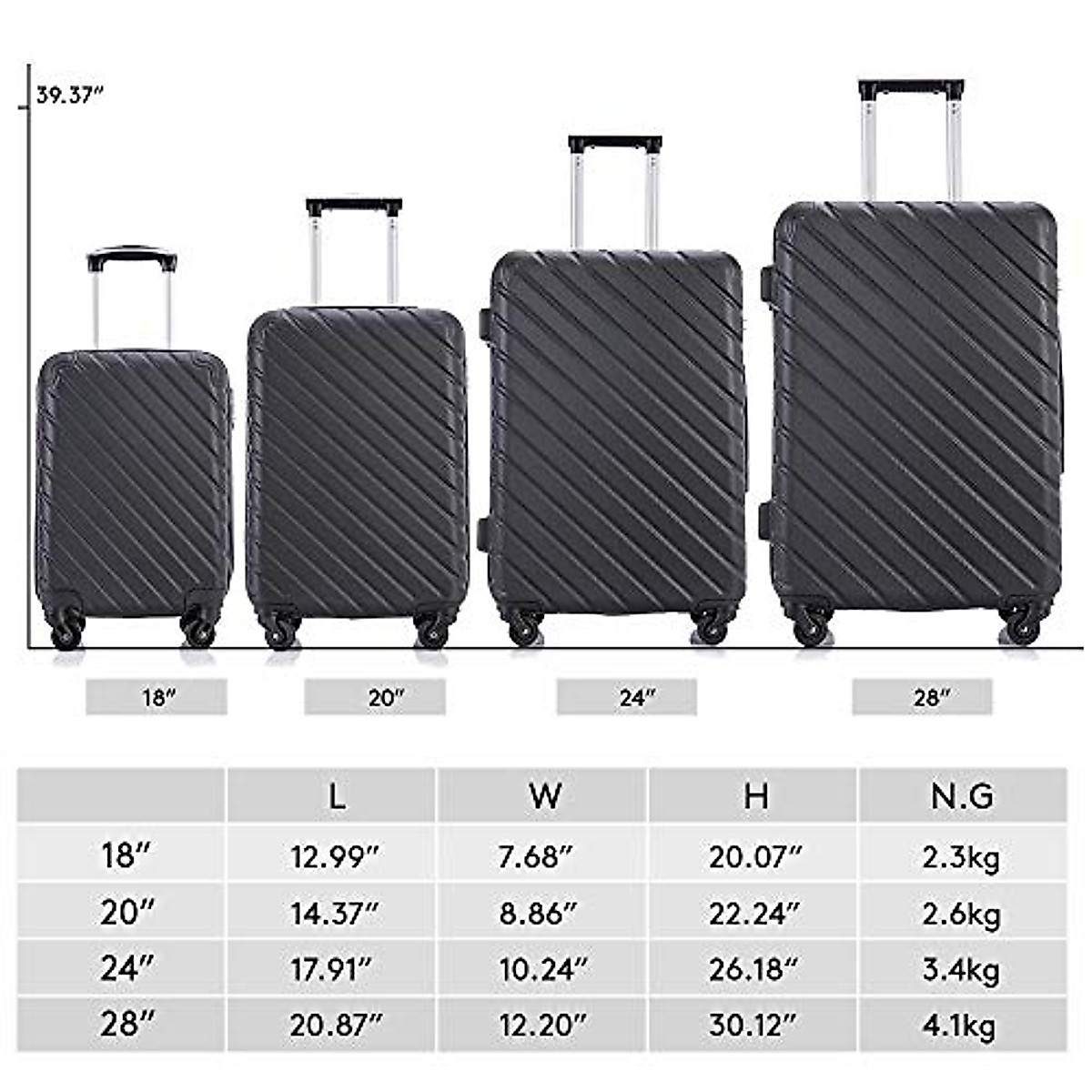 Apelila 4 Piece Hardshell Luggage Sets, Black Travel Suitcase, Check in & Carry On Luggages with Spinner Wheels Free Cover& Hangers Inside 18" 20" 24" 28"