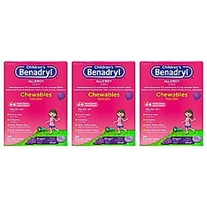 Benadryl Children's Allergy Chewables with Diphenhydramine HCl, Antihistamine Chewable Tablets in Grape Flavor, Three Pack, 3 x 20 ct Each, 60 ct